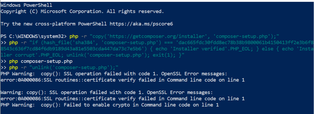 How to fix SSL certificate verification error during Composer installation